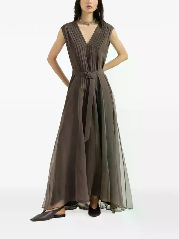 Brunello Cucinelli Crispy Silk Belted Maxi Dress With Pleated Detail And Precious Strap - Brown