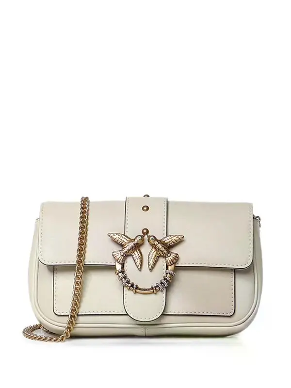 Pinko Love Bag Pocket Small Leather Shoulder Bag With Jewel Buckle - Neutrals