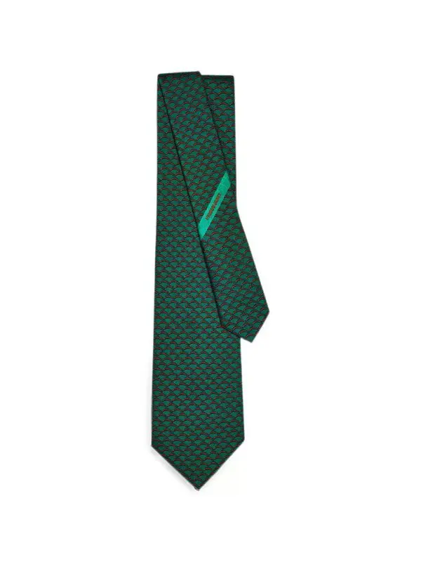 FERRAGAMO Archi-print Silk Neck Tie - Green