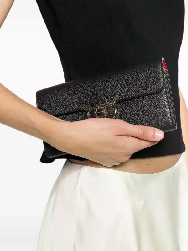 FERRAGAMO Double Gancini Leather Clutch Bag - Black