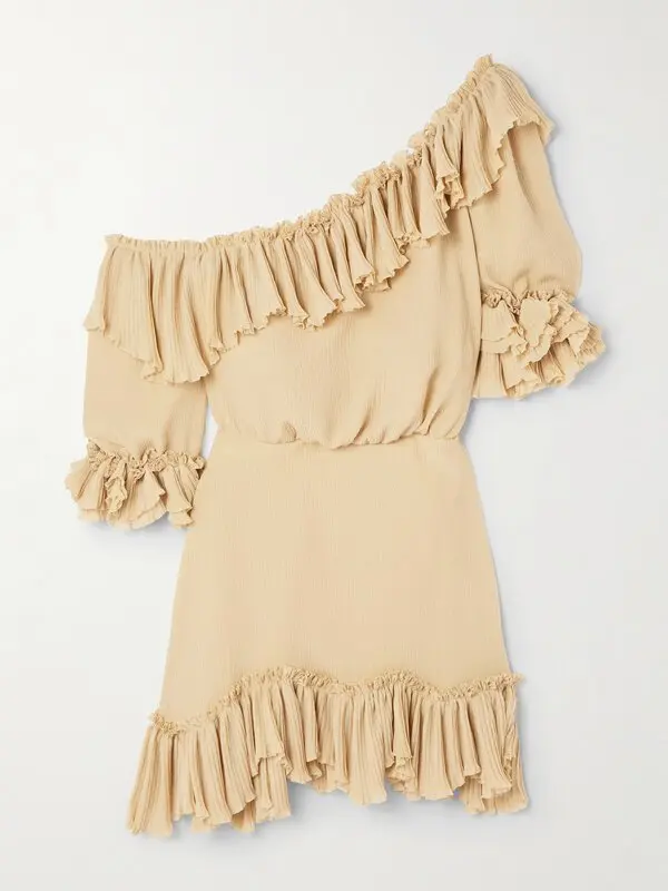 Saint Laurent Off-the-shoulder Ruffled Silk-crepon Mini Dress - Neutrals