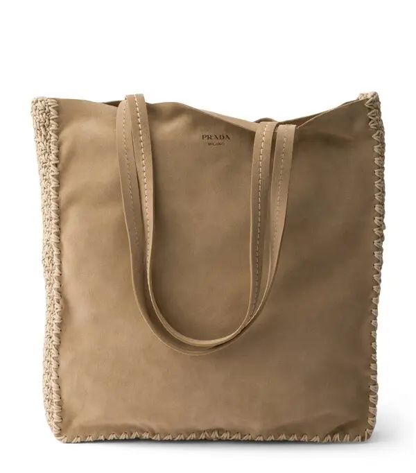 Prada Large Suede And Crochet Tote Bag