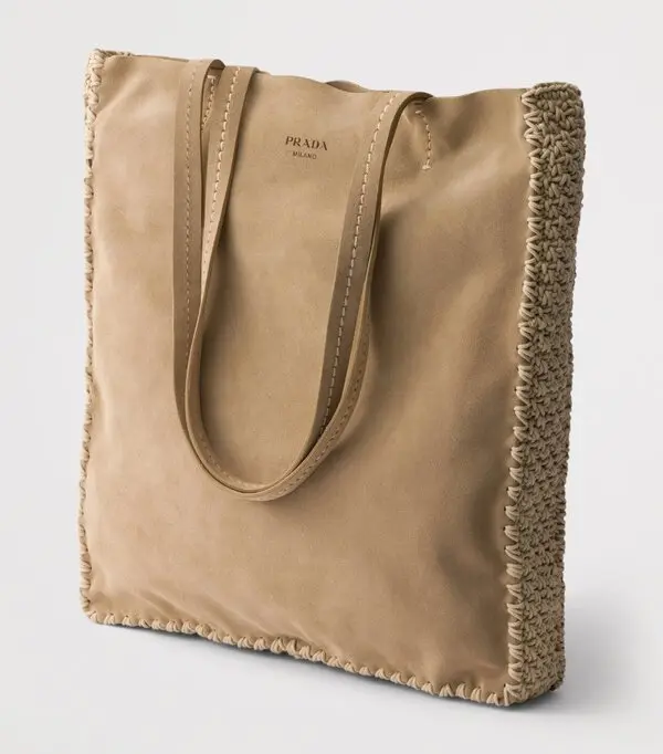 Prada Large Suede And Crochet Tote Bag