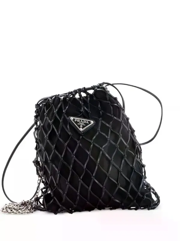Prada Woven Leather And Satin Bucket Bag With Fishnet Chain - Black
