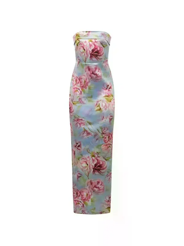 Theia Floral Print Strapless Maxi Dress