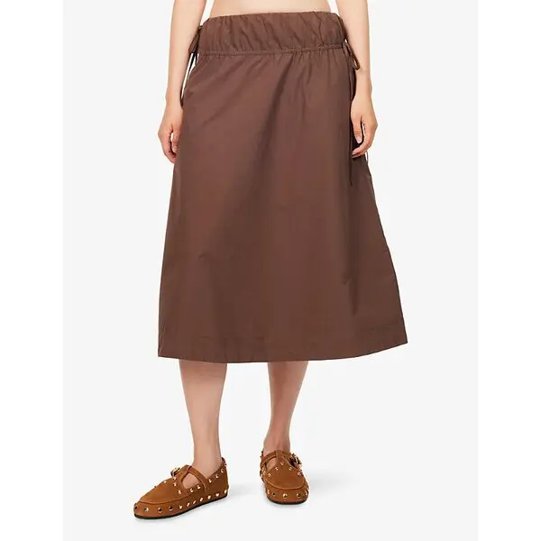 DAMSON MADDER Cotton Midi Skirt With Adjustable Waist - Choc