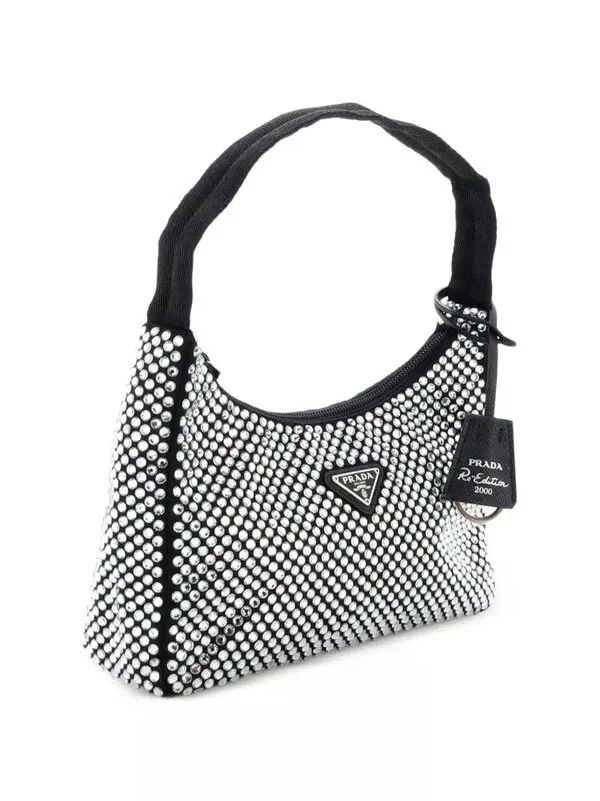 Prada Re-edition 2000 Crystal Embellished Satin Mini Hobo Bag - Black