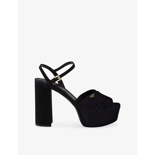Prada Criss-cross Suede Heeled Platform Sandals - Black