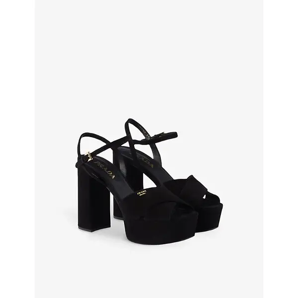 Prada Criss-cross Suede Heeled Platform Sandals - Black