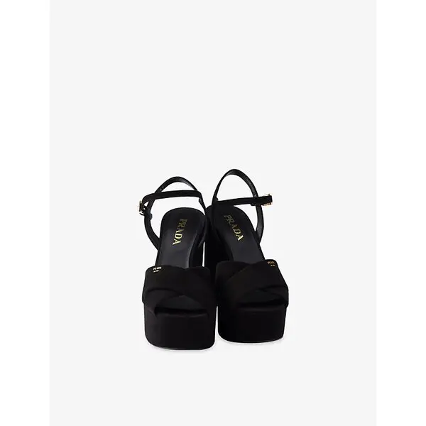 Prada Criss-cross Suede Heeled Platform Sandals - Black