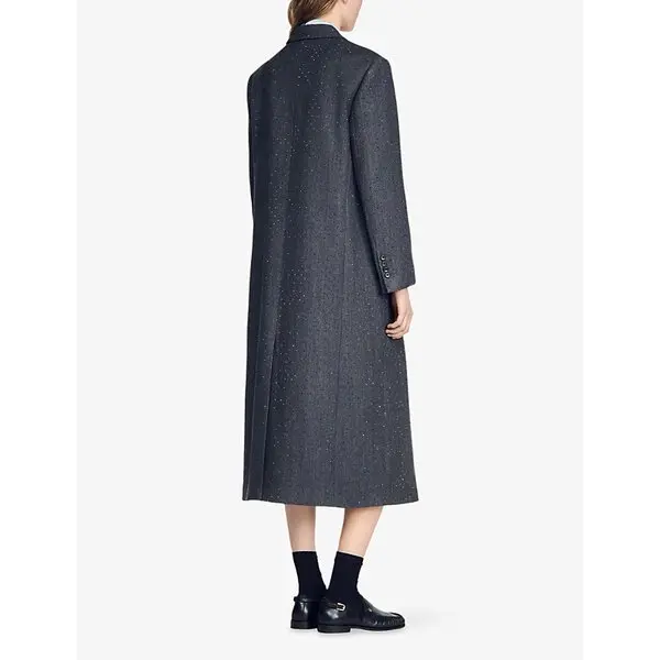 Sandro Rhinestone Long Wool Coat