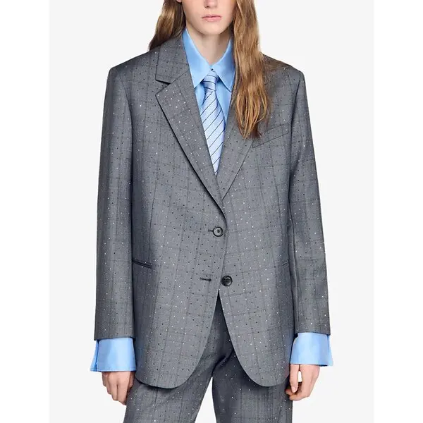 Sandro Rhinestone Check Wool Jacket