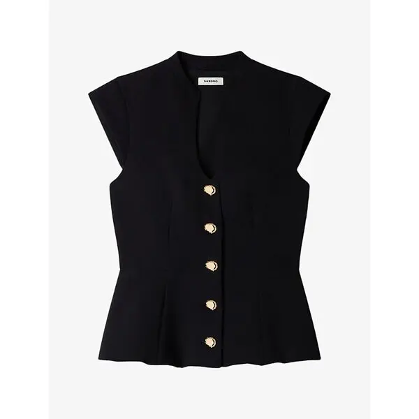 Sandro Peplum Woven Top With Button Detail