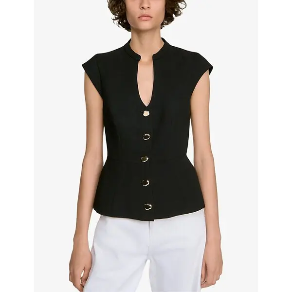 Sandro Peplum Woven Top With Button Detail