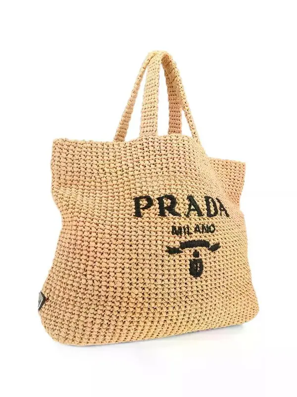 Prada Raffia Tote Bag With Embroidered Logo