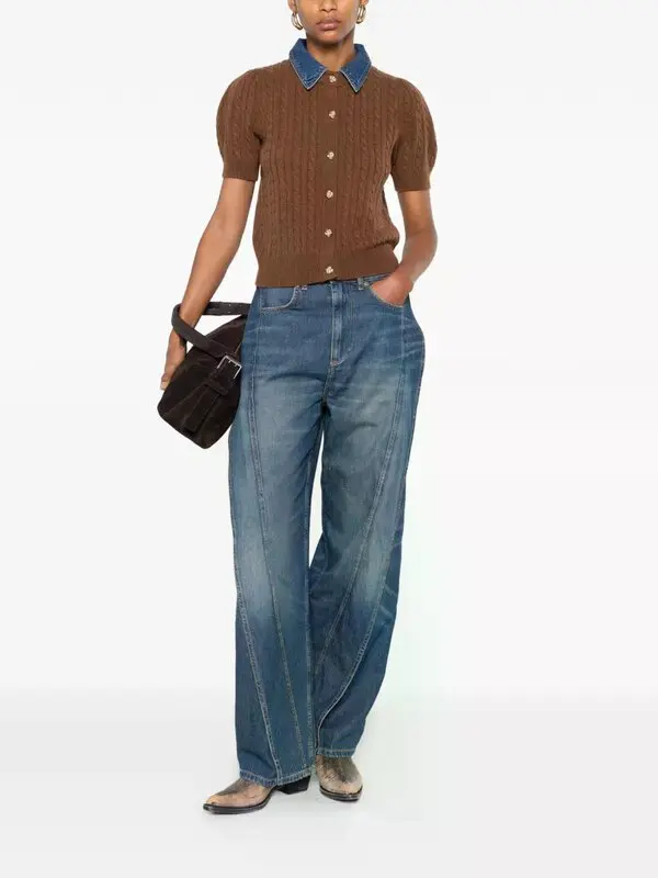 Sandro Cable-knit Short-sleeve Cardigan With Denim Collar