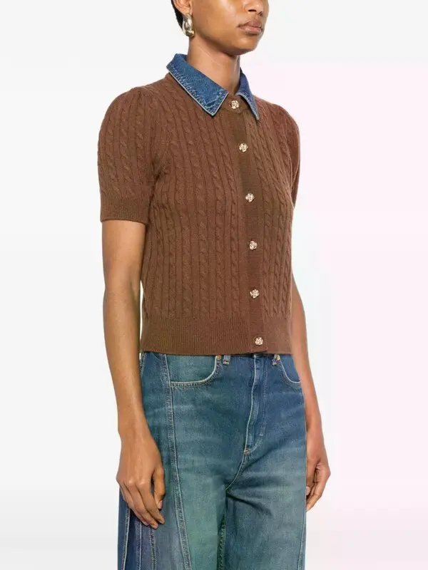 Sandro Cable-knit Short-sleeve Cardigan With Denim Collar
