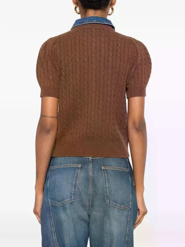 Sandro Cable-knit Short-sleeve Cardigan With Denim Collar
