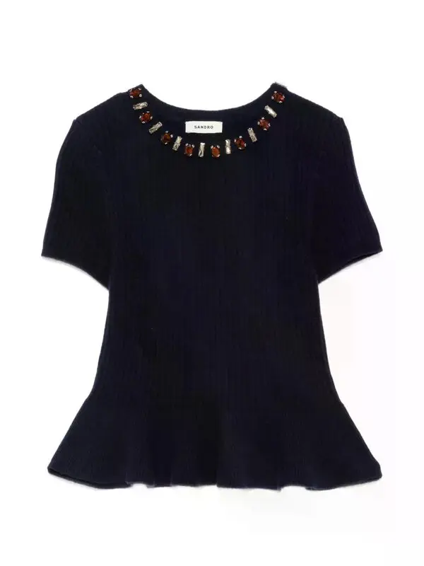 Sandro Ribbed Knit Crystal Embellished Peplum Top