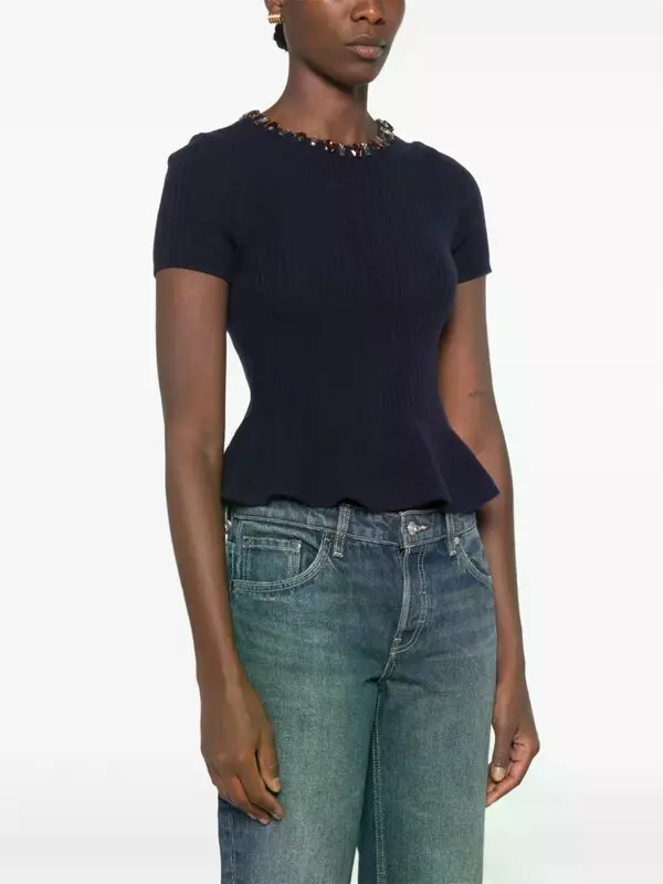 Sandro Ribbed Knit Crystal Embellished Peplum Top