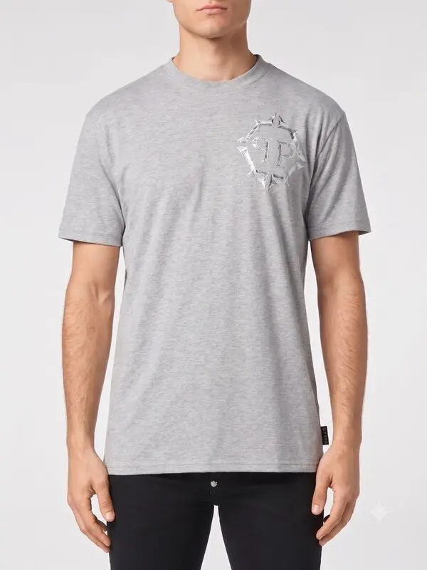 Philipp Plein Cotton T-shirt With Monogram Print And Hexagon Logo - Grey
