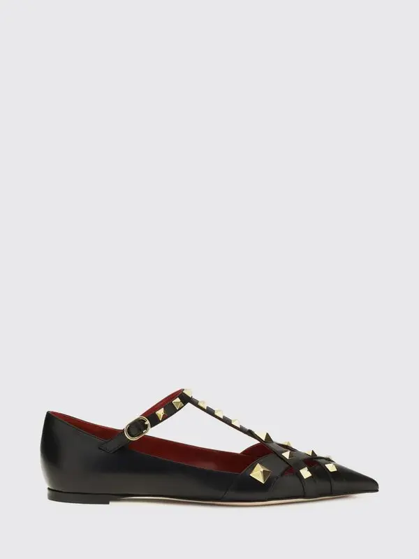 Valentino Garavani Studdy T-strap Studded Sheepskin Ballet Flats - Black