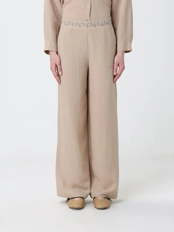 HANITA Linen Blend Palazzo Trousers With Embroidery - Beige