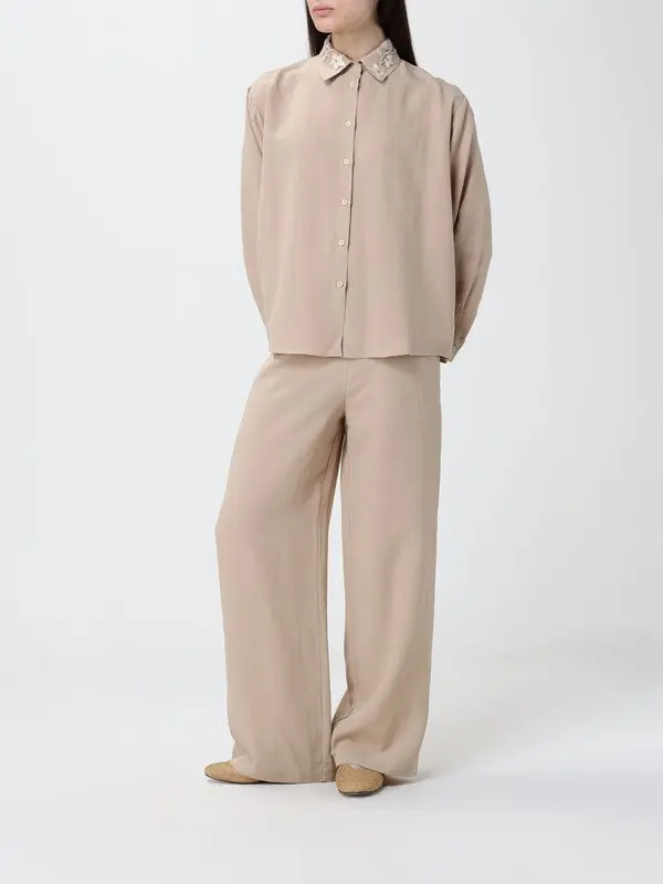 HANITA Linen Blend Palazzo Trousers With Embroidery - Beige