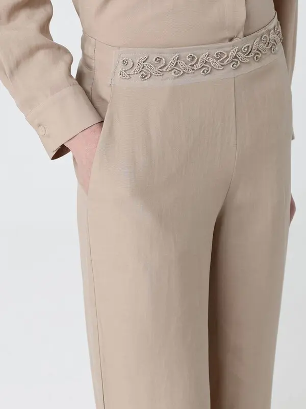 HANITA Linen Blend Palazzo Trousers With Embroidery - Beige