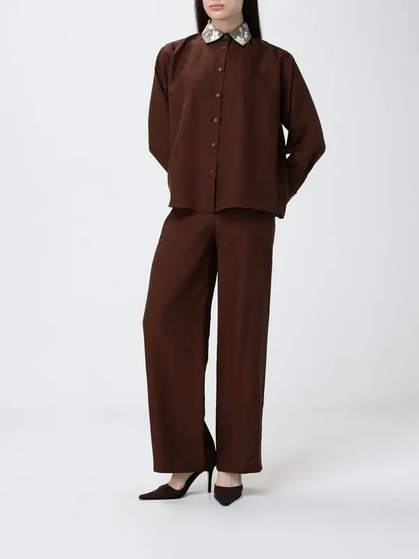 HANITA Linen Blend Shirt With Embroidery - Ebony