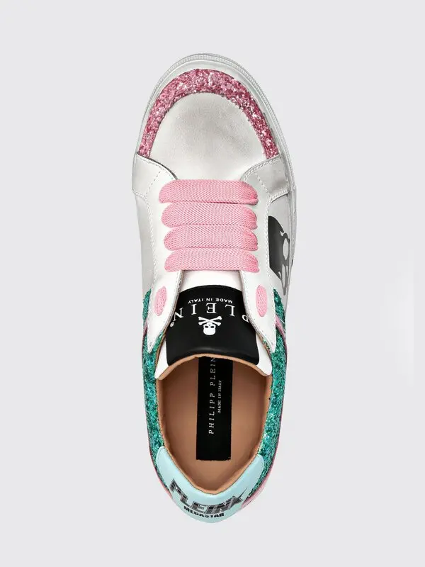 Philipp Plein Leather And Glitter Fabric Skull Sneakers With Distressed Effect
