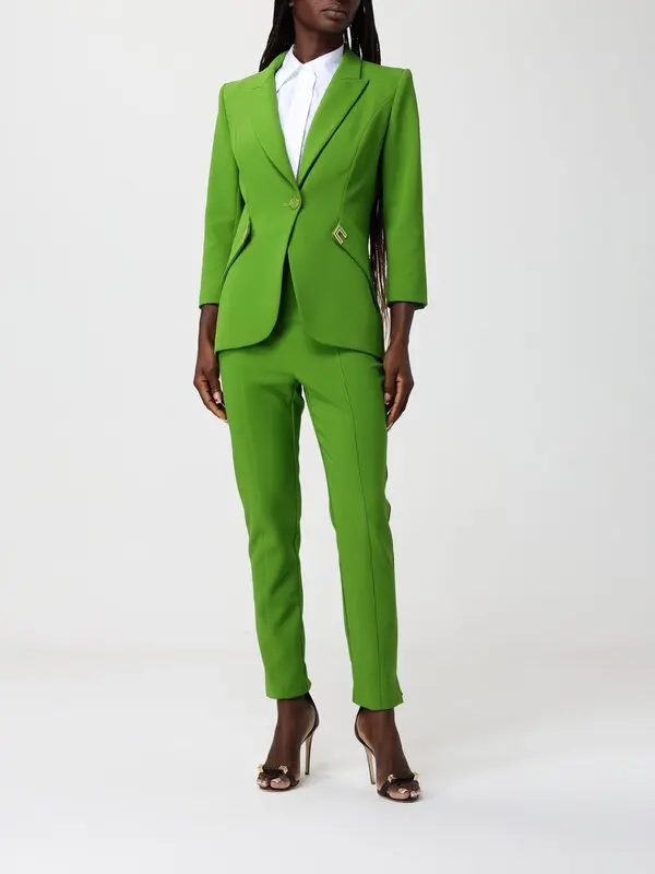 Elisabetta Franchi High-waisted Double Stretch Crepe Trousers With Metallic Logo - Green