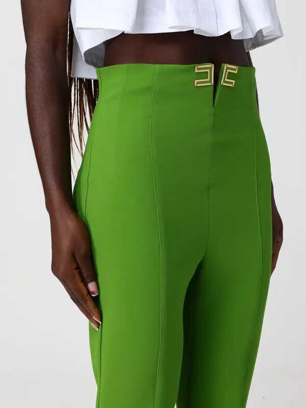 Elisabetta Franchi High-waisted Double Stretch Crepe Trousers With Metallic Logo - Green