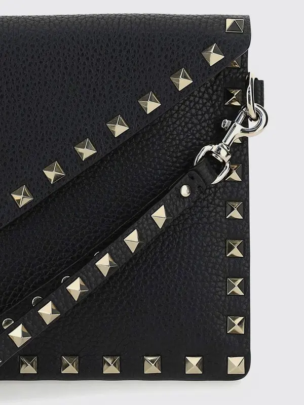 Valentino Garavani Rockstud Grained Calfskin Leather Pouch With Studs And Handle - Black