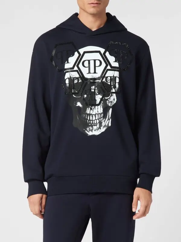 Philipp Plein Cotton Hoodie With Skull Print And Rhinestone Logo - Blue
