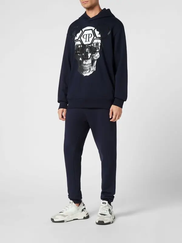 Philipp Plein Cotton Hoodie With Skull Print And Rhinestone Logo - Blue