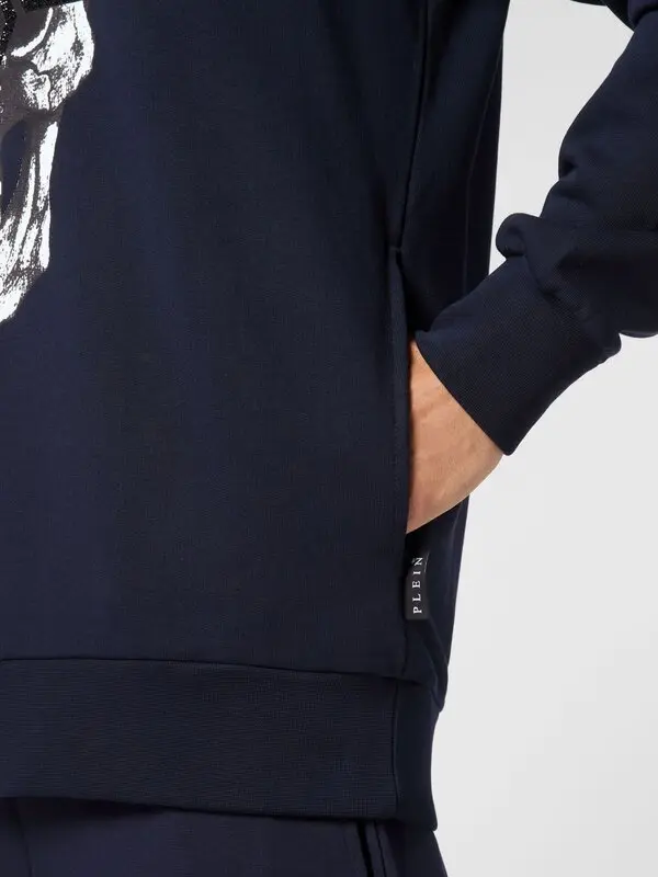Philipp Plein Cotton Hoodie With Skull Print And Rhinestone Logo - Blue