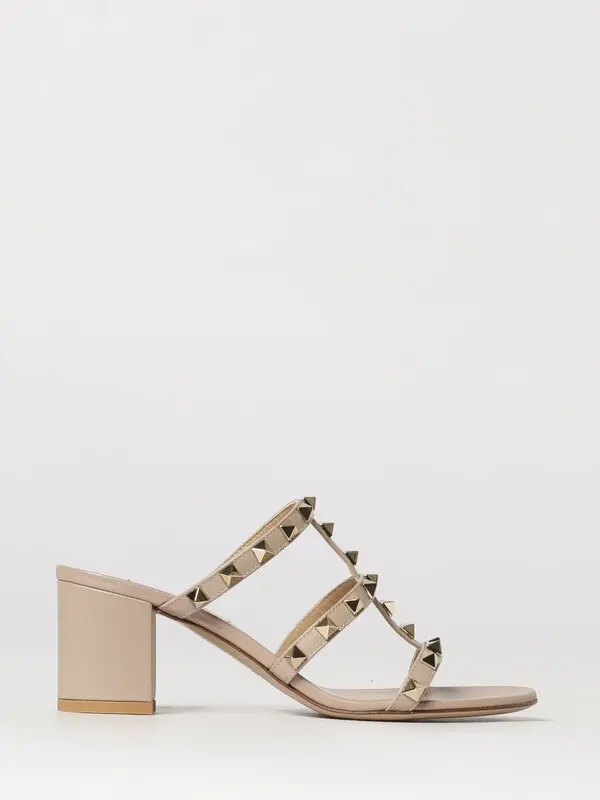 Valentino Garavani Rockstud Leather Mule Sandals With Studs And Mid Heel - Beige
