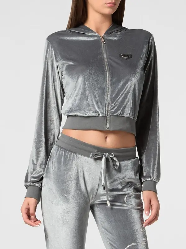Philipp Plein Cropped Velvet Zip-up Hoodie With Rhinestone Logo Detail - Grey