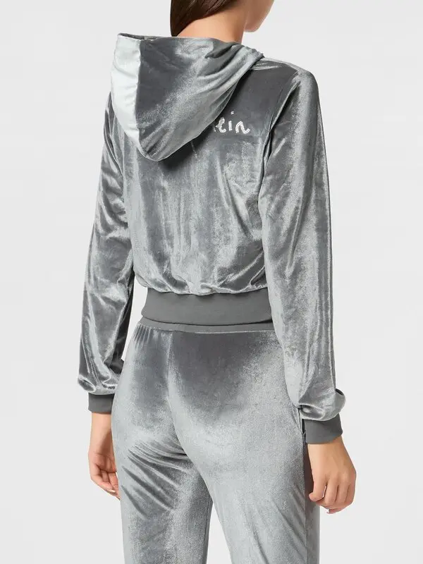 Philipp Plein Cropped Velvet Zip-up Hoodie With Rhinestone Logo Detail - Grey