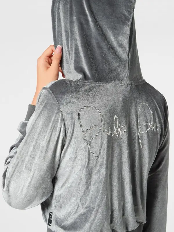 Philipp Plein Cropped Velvet Zip-up Hoodie With Rhinestone Logo Detail - Grey