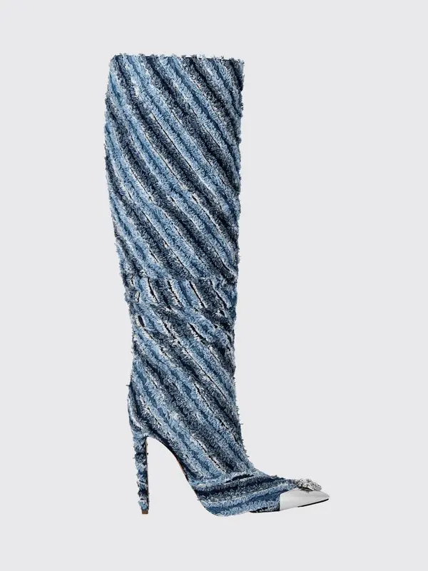 Philipp Plein Bi-striped Denim Knee-high Boots With Crystal Embellishments