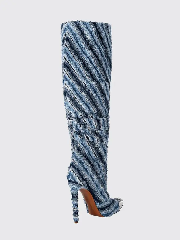 Philipp Plein Bi-striped Denim Knee-high Boots With Crystal Embellishments