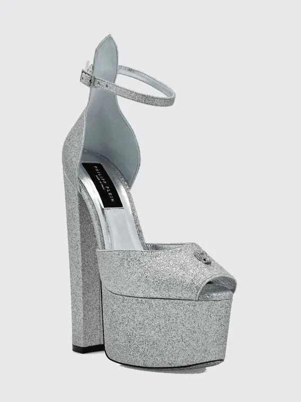 Philipp Plein Glitter Leather Platform High Heel Sandals - Silver