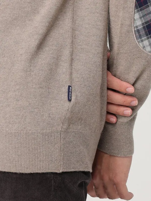 Barbour Crew Neck Sweater With Plaid Elbow Patches - Beige