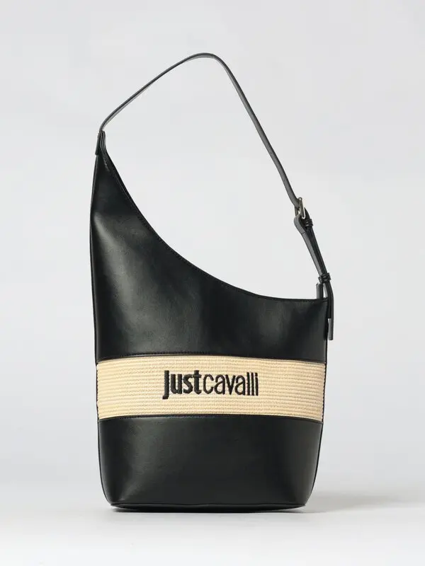 Just Cavalli Embroidered Logo Faux Leather And Raffia Shoulder Bag
