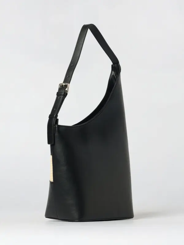 Just Cavalli Embroidered Logo Faux Leather And Raffia Shoulder Bag