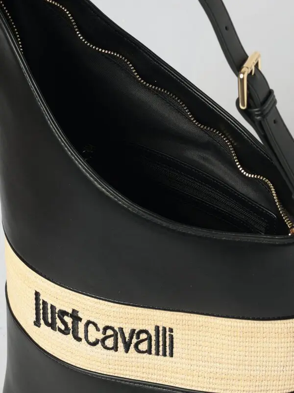 Just Cavalli Embroidered Logo Faux Leather And Raffia Shoulder Bag