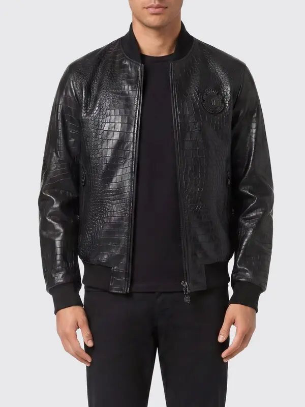 BILLIONAIRE Crocodile Print Leather Bomber Jacket