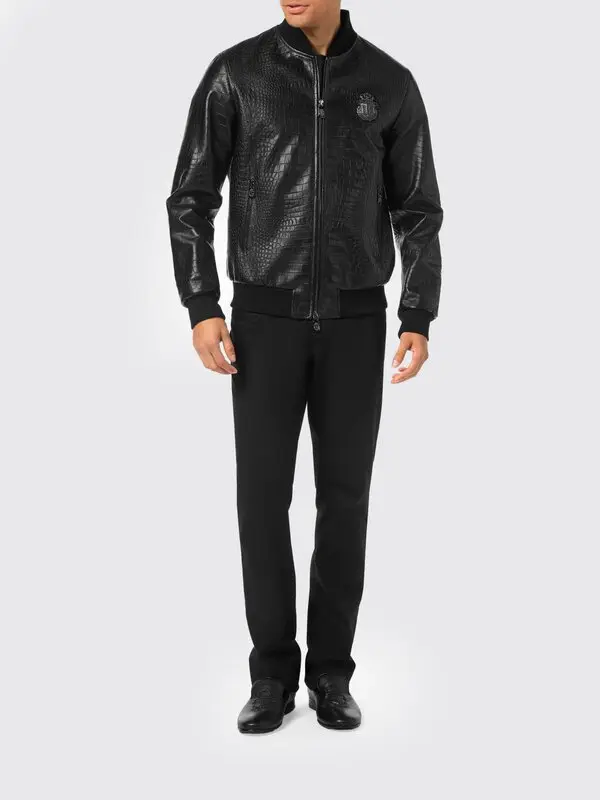 BILLIONAIRE Crocodile Print Leather Bomber Jacket